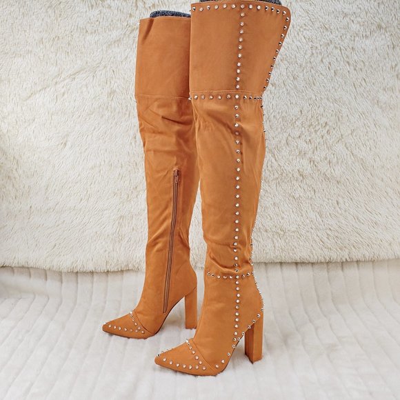 Pazzle | Shoes | Steph Camel Tan Suede Studded Chunky Heel Thigh High ...